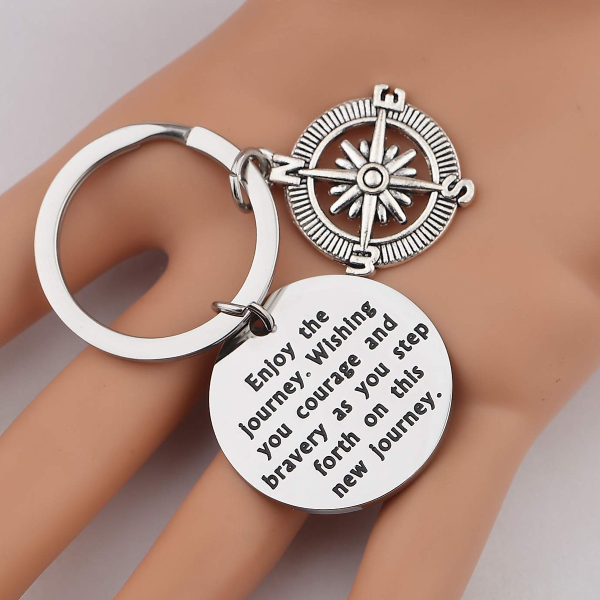 BEKECH Graduation Keychain New Adventure Gift Enjoy the Journey Wishing You Courage and Bravery As You Step Forth On This New Journey Compass Key Chain Gift for Graduates(silver)