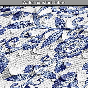 Lunarable Floral Fabric by The Yard, Swirl Flower Pattern Folk Russian Folk Cultural Petals Ornamental Image, Decorative Fabric for Upholstery and Home Accents, 3 Yards, Blue and White