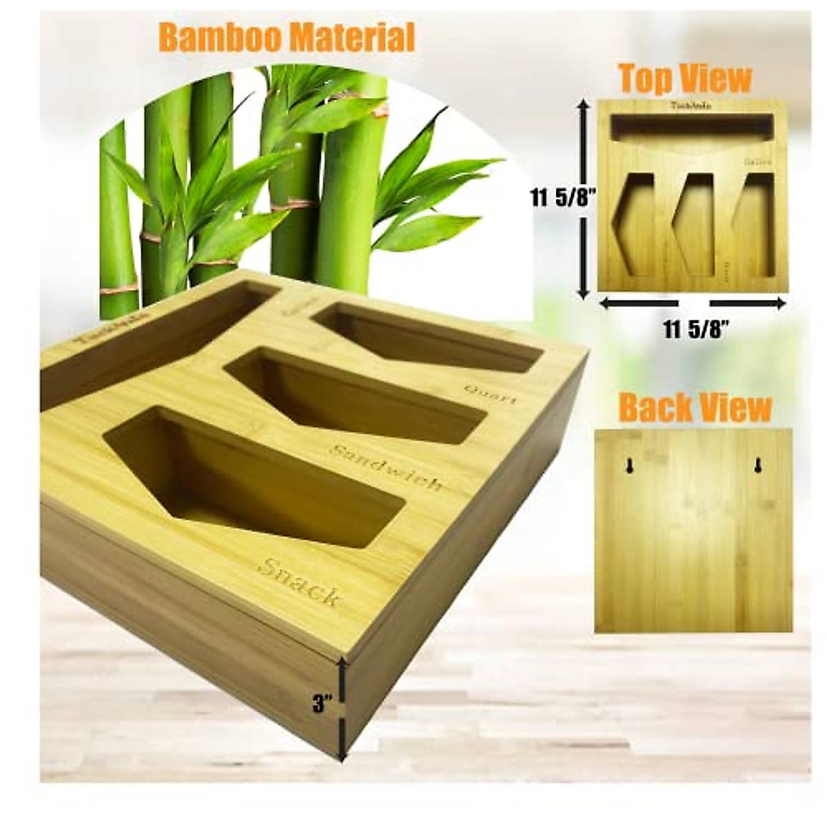 TuckMeIn Ziplock Bag Storage Organizer, Bag Organizer Holders, Bamboo, Gallon, Quart, Snack, Sandwich and Slider Bag Dispenser, Compatible with Ziploc Hefty Glad Solimo