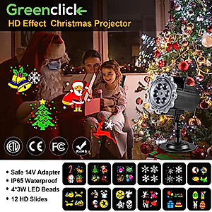 Christmas Projector Lights Outdoor, GreenClick Upgraded 3-in-1 Snowflake Projector with 12 HD Slide Patterns Bright IP65 Waterproof Holiday Projection Indoor for Xmas, Easter Day, House Decoration