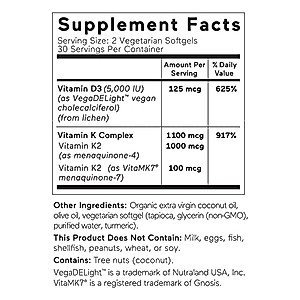 Plant-Based Vitamin D3 Immune Support with Vegan K2 Complex in a Vegetarian Softgel - Includes 5,000 IU of Vitamin D for Immunity Boost, Complete Bone Health & Arterial Protection (1 D3+K2)