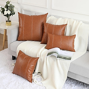 MANDIOO Set of 2 Boho Striped Faux Leather Throw Pillow Covers 16x16 Inch Modern Luxury Square Decorative Cushion Cases for Living Room Bedroom Sofa Couch Brown