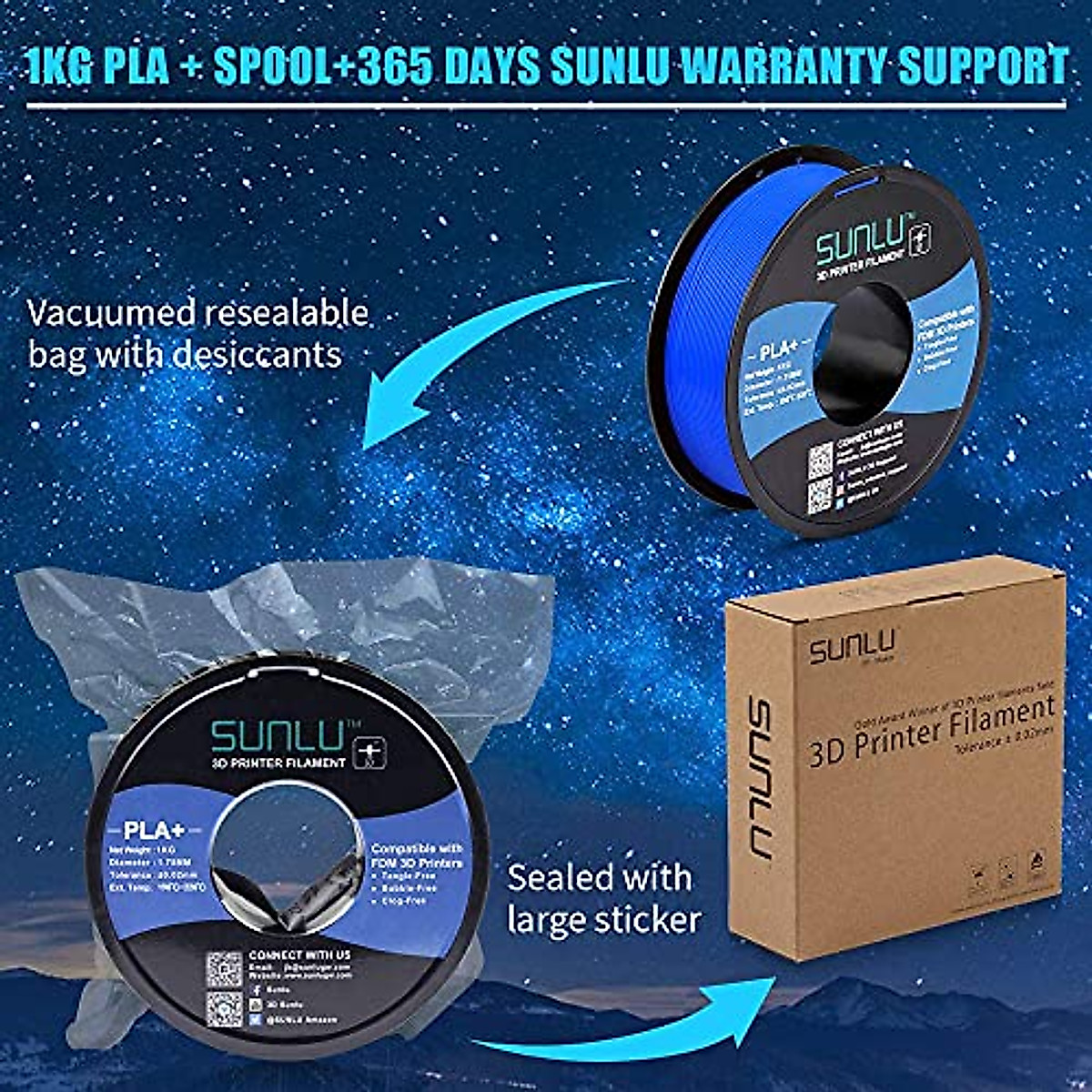 PLA+ 3D Printer Filament 1.75mm, SUNLU PLA Filament PRO, Dimensional Accuracy +/- 0.02 mm, 1 kg Spool, 1.75 PLA Plus, White+Blue