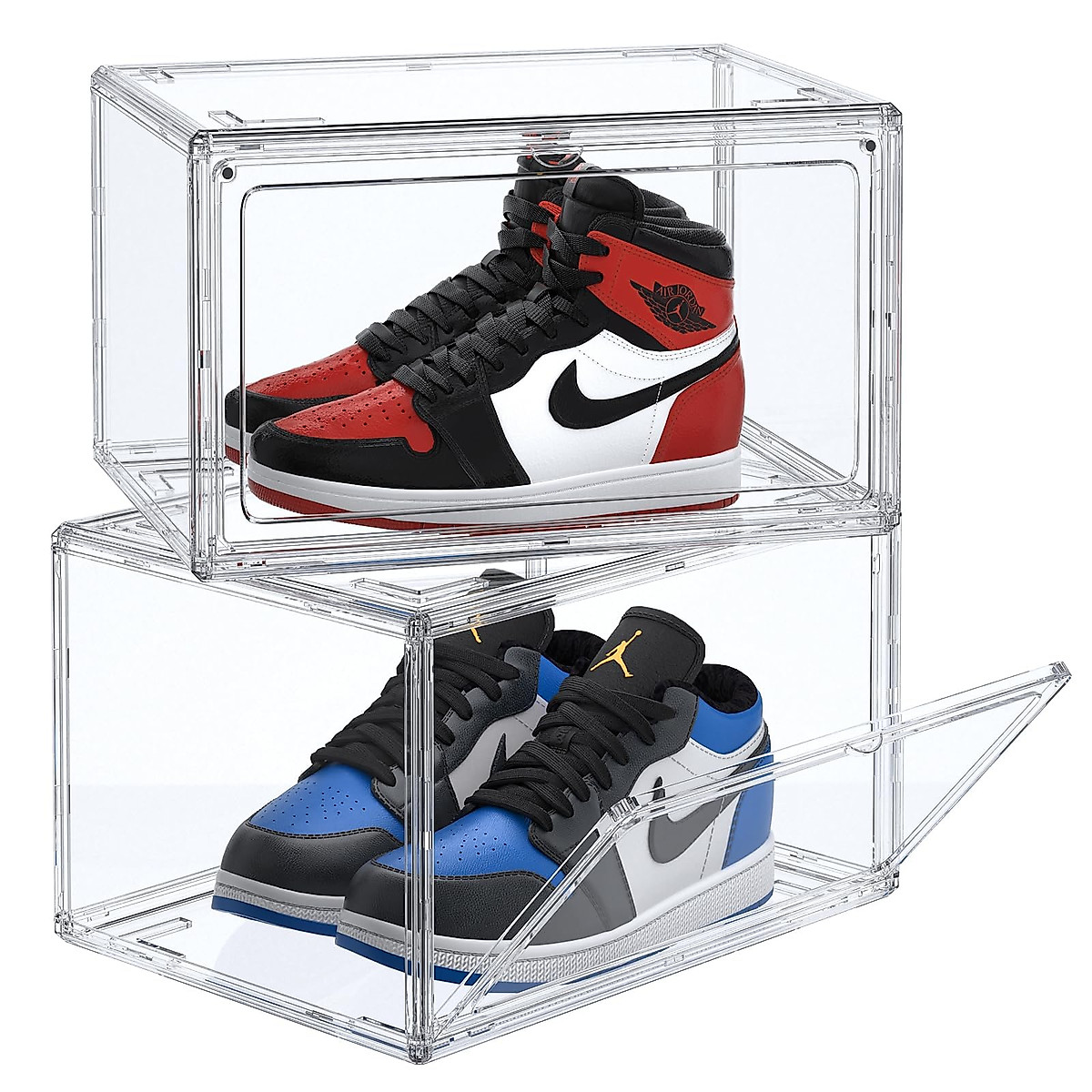 10 Pack Acrylic Ultra Clear Storage Sneaker Shoe Box Stackable Transparent Boxes, Magnetic Door Plastic Sneakerhead Professional Grade Display Case Boot Organizer, Fits US Size 15 Sneakers, Pack of 10