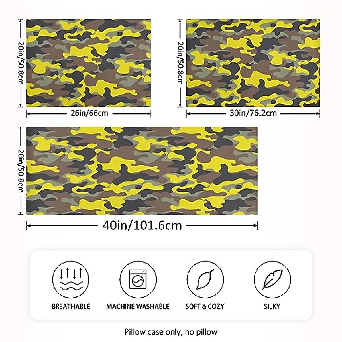 Yellow Camo Pillow Covers Silk Pillowcase for Hair and Skin Soft and Smooth Cooling Satin Pillowcase Standard Size Pillow Case for Bedroom Bed Sleeping (20x26 Inch)