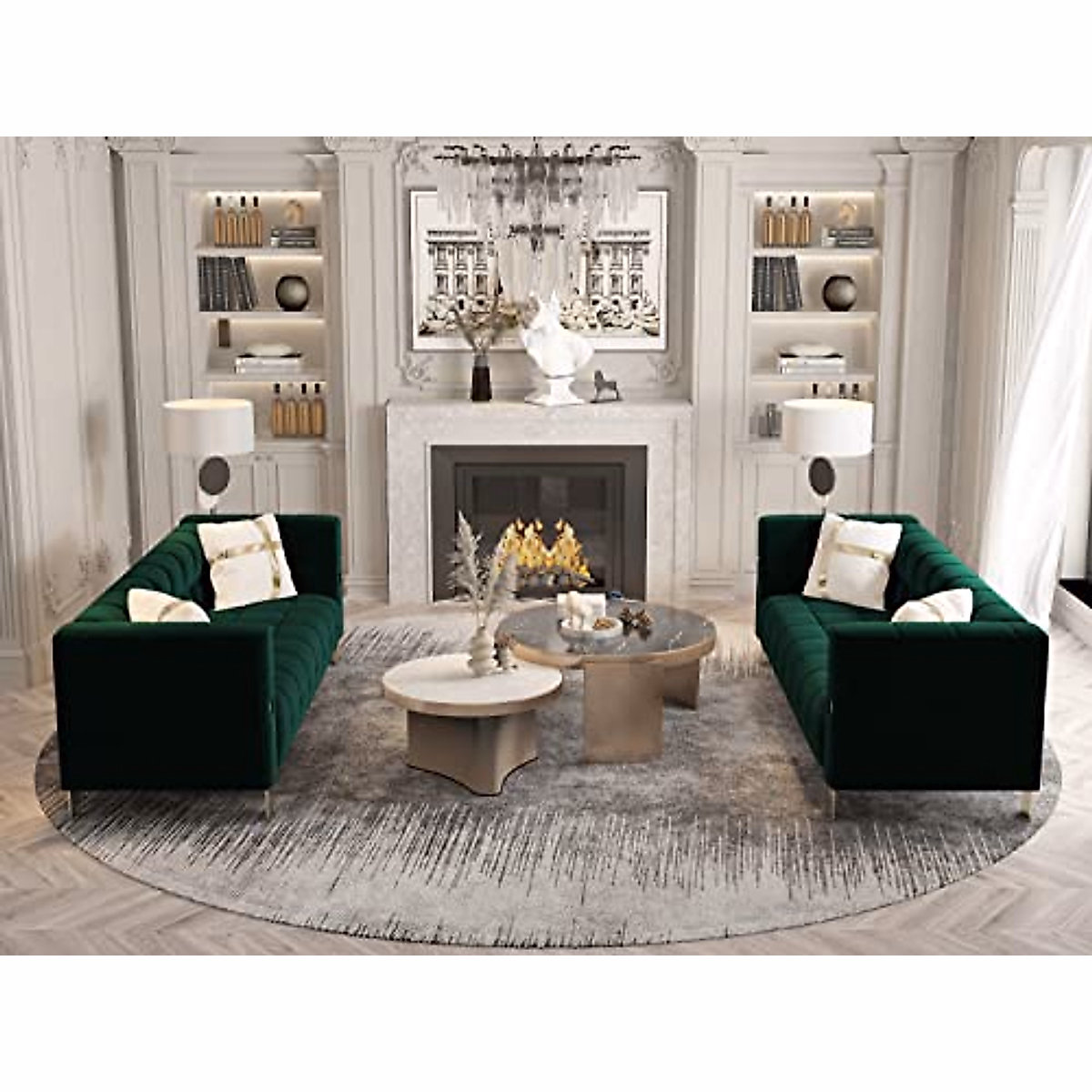 ANTTYBALE 2PCS Mid Century Modern Button Tufted Velvet Living Room Couch Loveseat Sofa with Gold Metal Legs and 2 Throw Pillows, 89 inch (2pcs Green)