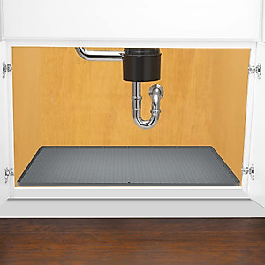Sanbege Under Sink Mat Liner 34" x 22", Kitchen Cabinet Protector Tray with Drain Hole, Multipurpose Silicone Waterproof Mat for 36" Cabinet or Crafting, Pet Bowls, Floor Organization (Grey)