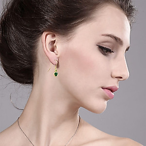 Gem Stone King 14K Yellow Gold Green Nano Emerald and Green Peridot Drop French Wire Earrings For Women (1.10 Cttw, Gemstone May Birthstone, Heart Shape 5MM, Round 3MM)