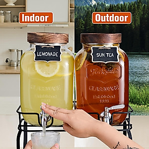 mustry Glass Drink Dispenser for Parties, 1 Gallon Beverage Dispenser with Stand and Spigot Solid Stainless Steel, Used as Lemonade Dispenser Sun Tea Jar Kombucha Jar, Set of 2