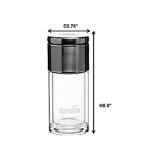 HOLYVIEW 220ml/7.4oz Double Wall Water Bottle with Tea Filter, Glass Tea Mug with Removable tea infuser