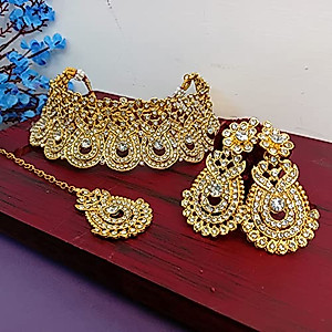 Efulgenz Crystal Rhinestone Choker Necklace Earrings Maang Tikka Head Chain Wedding Indian Jewelry Set for Women gold