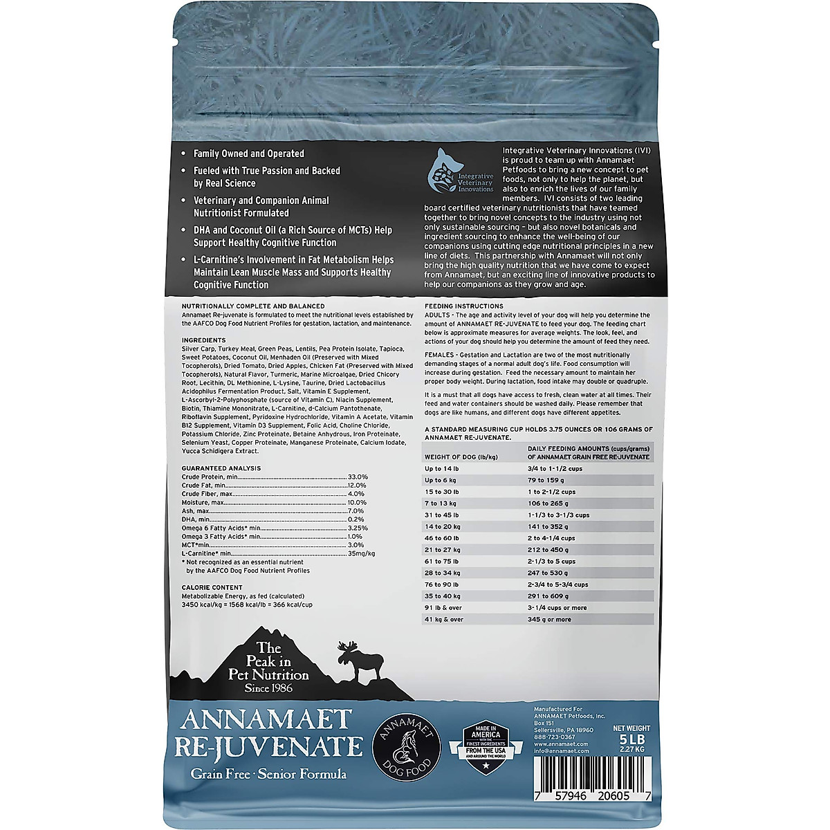 Annamaet Grain-Free Re-Juvenate Senior Formula Dry Dog Food, (Fresh Silver Carp & Turkey), 5-lb Bag, Brown
