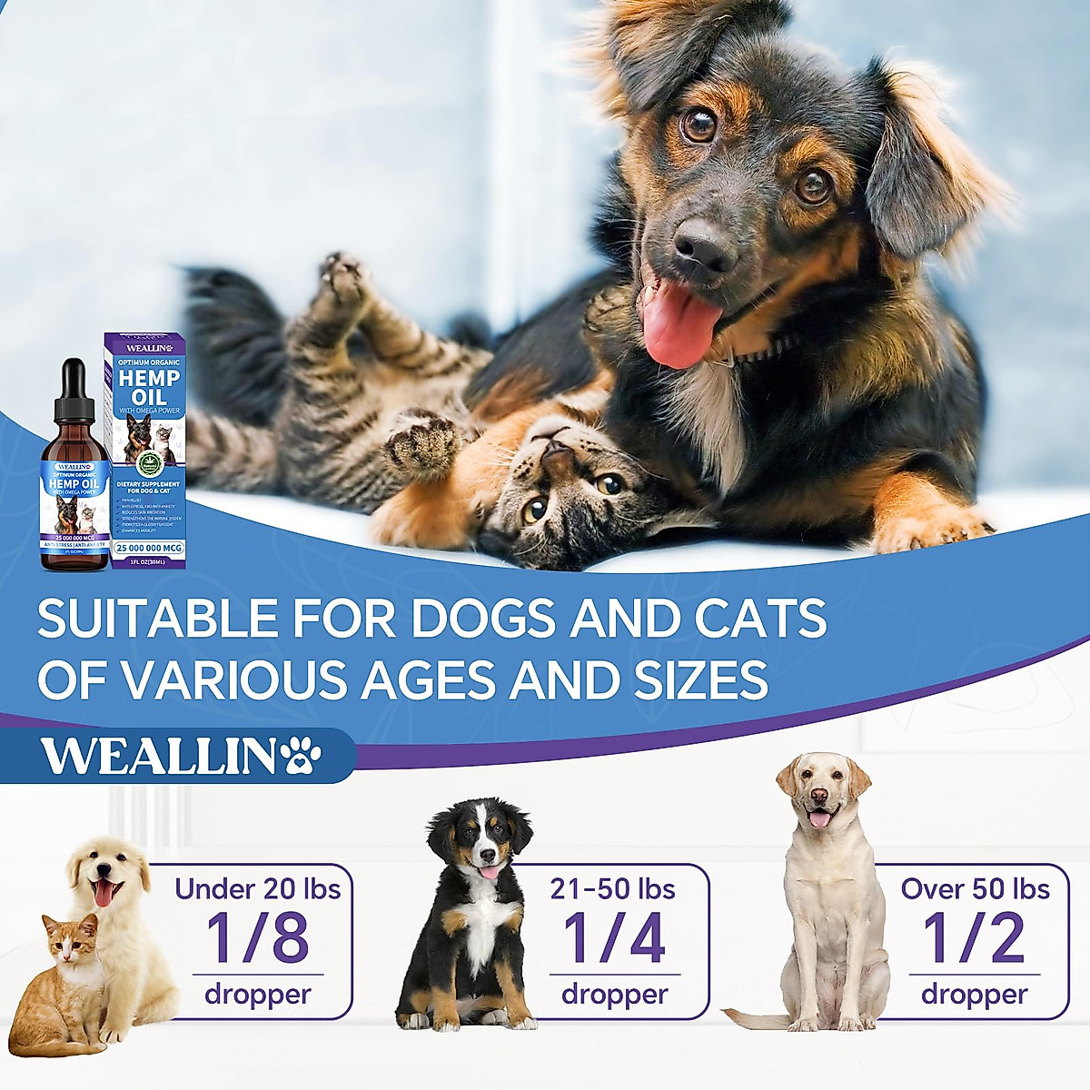 WEALLIN Hemp Oil for Dogs and Cats, Rich in Omega 3, 6, 9 and Organic Extract Helps Pets with Anxiety, Pain, Skin and Coat Health, Stress, Hip and Joint Support, Pet's Calming Treat (1 Pack)