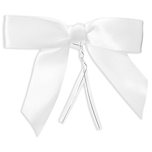 100 Pack White Twist Tie Bows for Crafts, Pre-Tied Satin Ribbon for Gift Wrap Bags, Party Favors, Baked Goods (2.5 x 3 in)