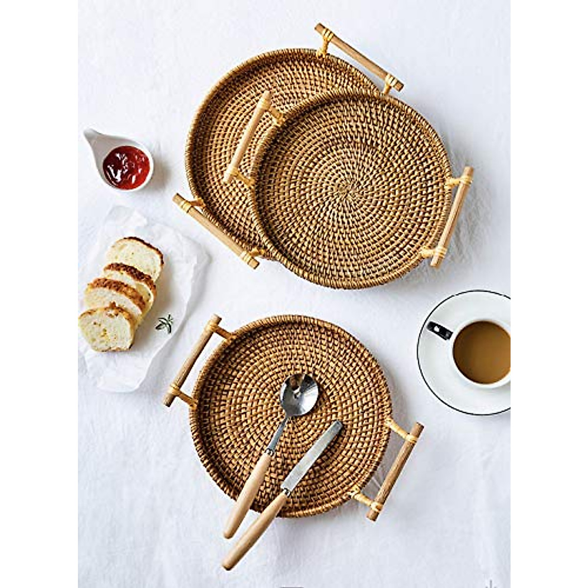 Hand-Made Round Rattan Tray with Handle, Food Basket, Basket, Perfect for displaying Bread, Coffee Breakfast or Fruit 11x11xo.39in