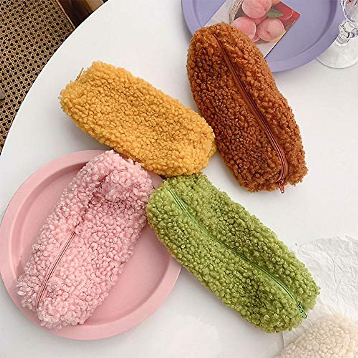 QIANSHENG 5 Pack Faux Lambswool Pencil Case Cute Plush Fuzzy Pen Pouch Bag Kawaii Zipper Cosmetic Bag Make Up Organizer School Office Supplies(Pink, Gray, White,Yellow,Brown)