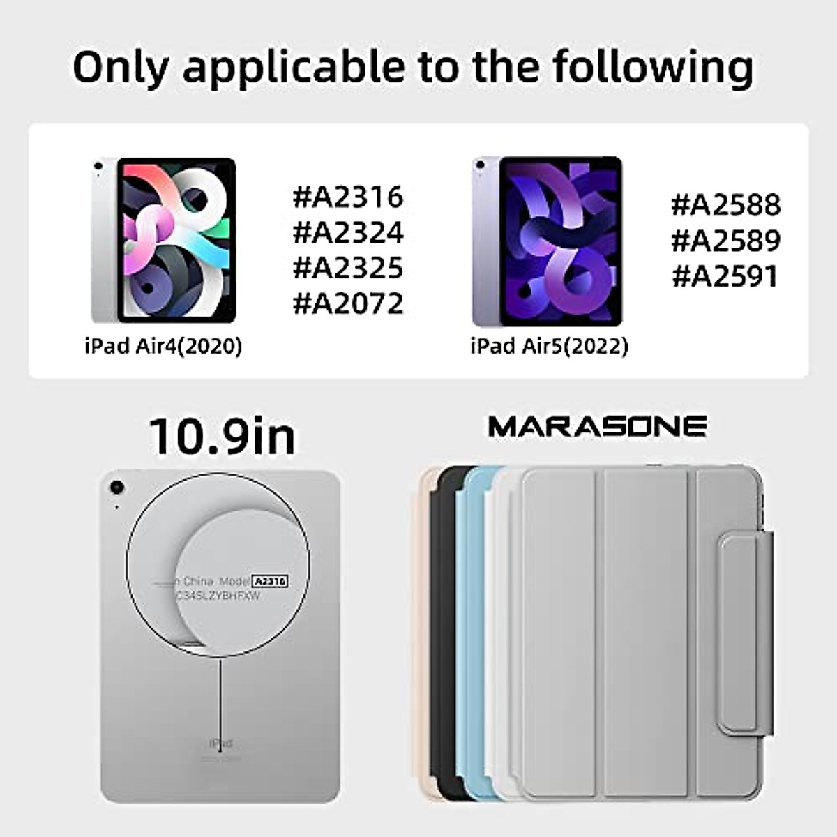 Marasone iPad Air 5th Generation Case 2022 / iPad Air 4th 2020 Case 10.9 Inch Double-Layer Magnetic Folio Cover with Multiple Angles and Pencil Charging Support, Premium PU Leather(Gray)