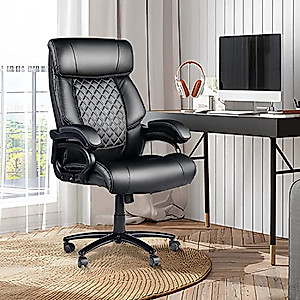 Big and Tall Office Chair, Computer Desk Chair with High Back, Office Chairs for Heavy People, PU Leather Home Office Desk Chair for Bedroom, 360°Rotating Heavy Duty Office Chair, Black