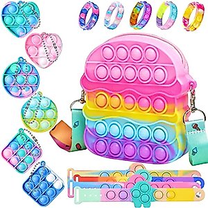 Pop Purse Pack Fidget Toy Set, 1 Girl Pop Single Shoulder Bag Toy, 9 Pop Wristband Toys, 6 Mini Pop Bubble Toys, 3 4 5 6 7 8 9 10 12 Year Old Birthday Gifts for Kids Girl, Christmas Stocking Stuffers.