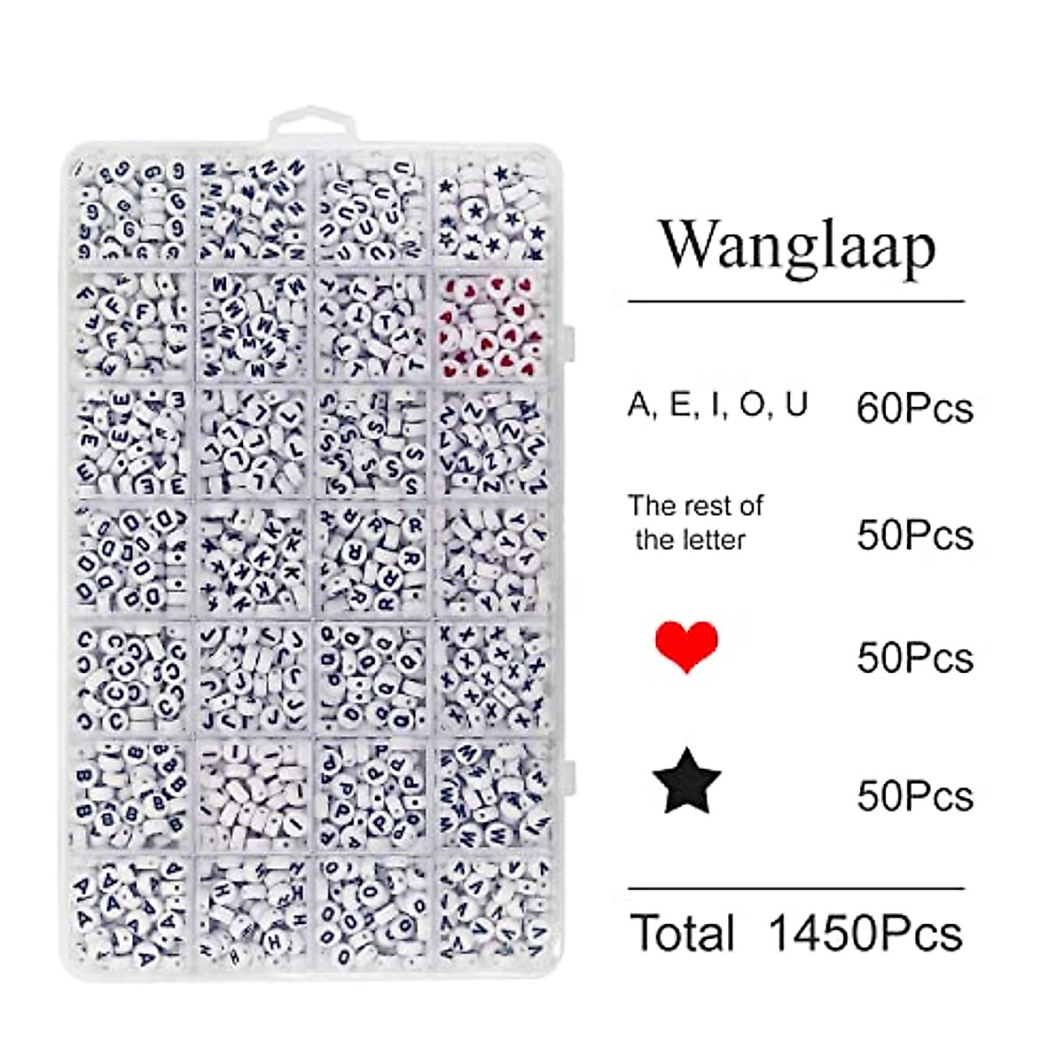 WangLaap 1450Pcs Acrylic 4x7mm Round Letter Beads Kits Alphabet Beads A-Z and Red Heart Black Star Beads for Bracelets Necklaces DIY Jewelry Making (White)