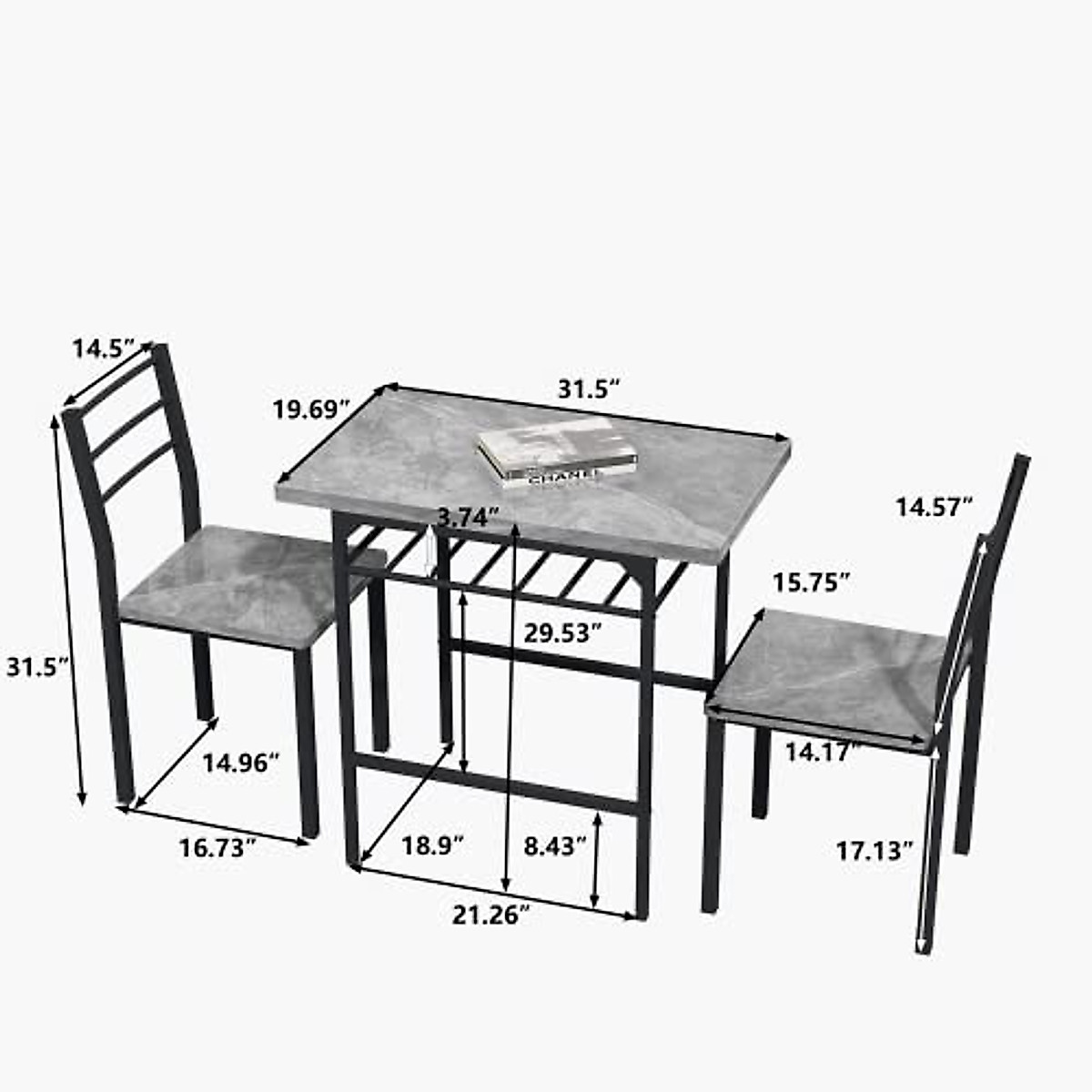 AnwickNomo Dining Table Set for 2, 3-Piece Bistro Table and Chairs Set, Breakfast Nook Table Set, Small Kitchen Table Set for 2, Dinette Set with Black Frame & Printed Gray Marble Finish (Gray)