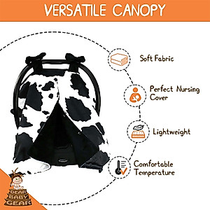Dear Baby Gear Black and White Holstein Cow Baby Car Seat Canopy with Snap Button Opening and Puffy Bows— Layered Lightweight Cover Keeps Babies Cozy and Sheltered — 40 x 30 Inches