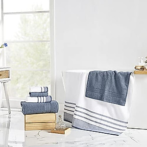 Modern Threads 6 Piece Set, 2 Bath Towels, 2 Hand Towels, 2 Washcloths, Quick Dry White/Contrast Reinhart Denim