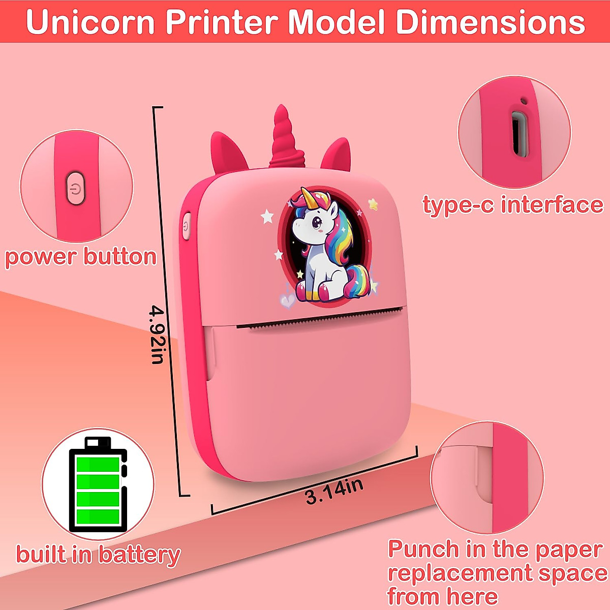 Oskeray Portable Thermal Printer, Mini Stick Printer, Bluetooth Pocket Printer Compatible with Android & iOS, Mobile Thermal Printer for Journal, School Note, Photo, Pink