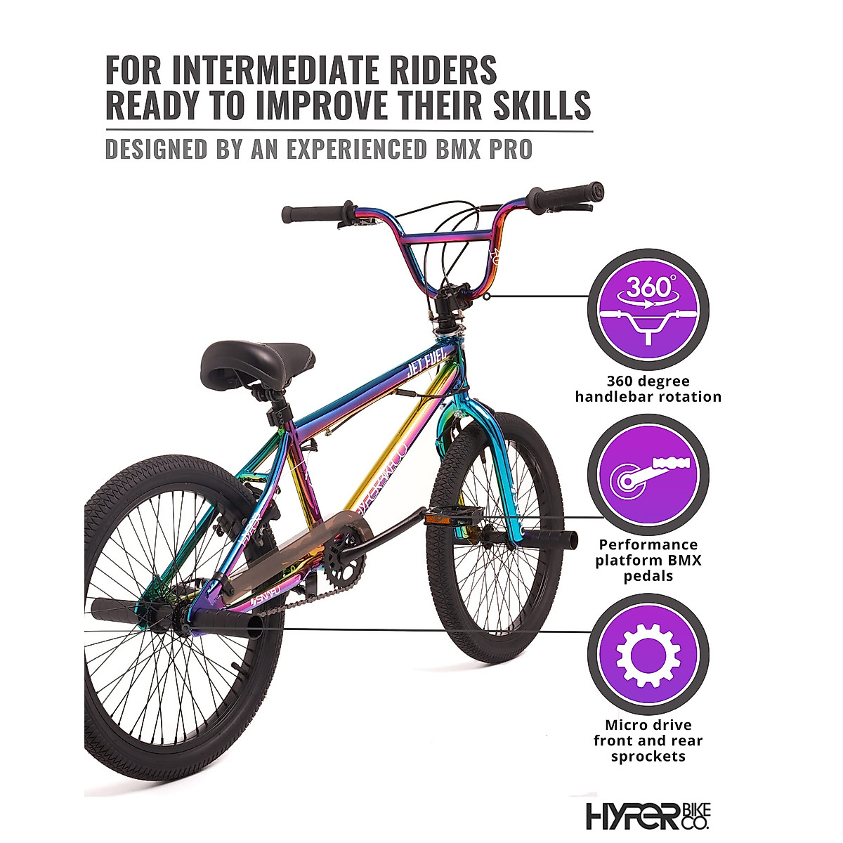 Hyper BMX Bike 20 Inch, Single Speed, Front and Rear Sprockets, Steel BMX Frame. 360 Handlebar Rotation. Park Ready Bicycle for Kids. Jet Fuel Finish