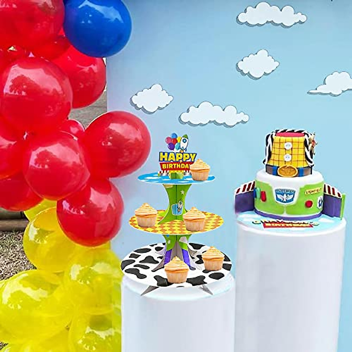3-Tier Cartoon Story Cupcake Stand Cardboard Cake Stand Dessert Tower Holder for Toy Theme Birthday Decoration Baby Shower Party Supplies
