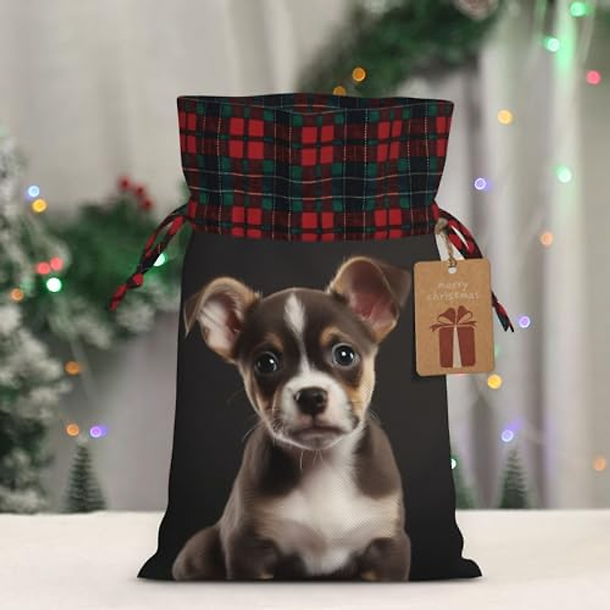 EVANEM Christmas Gift Bags with Drawstring Burlap Gift Bags Cute Dog Christmas Linen Bags for Xmas Party Candy Bags with Cards Xmas Reusable Wrapping Bags Christmas Linen Treat Bags for Holiday