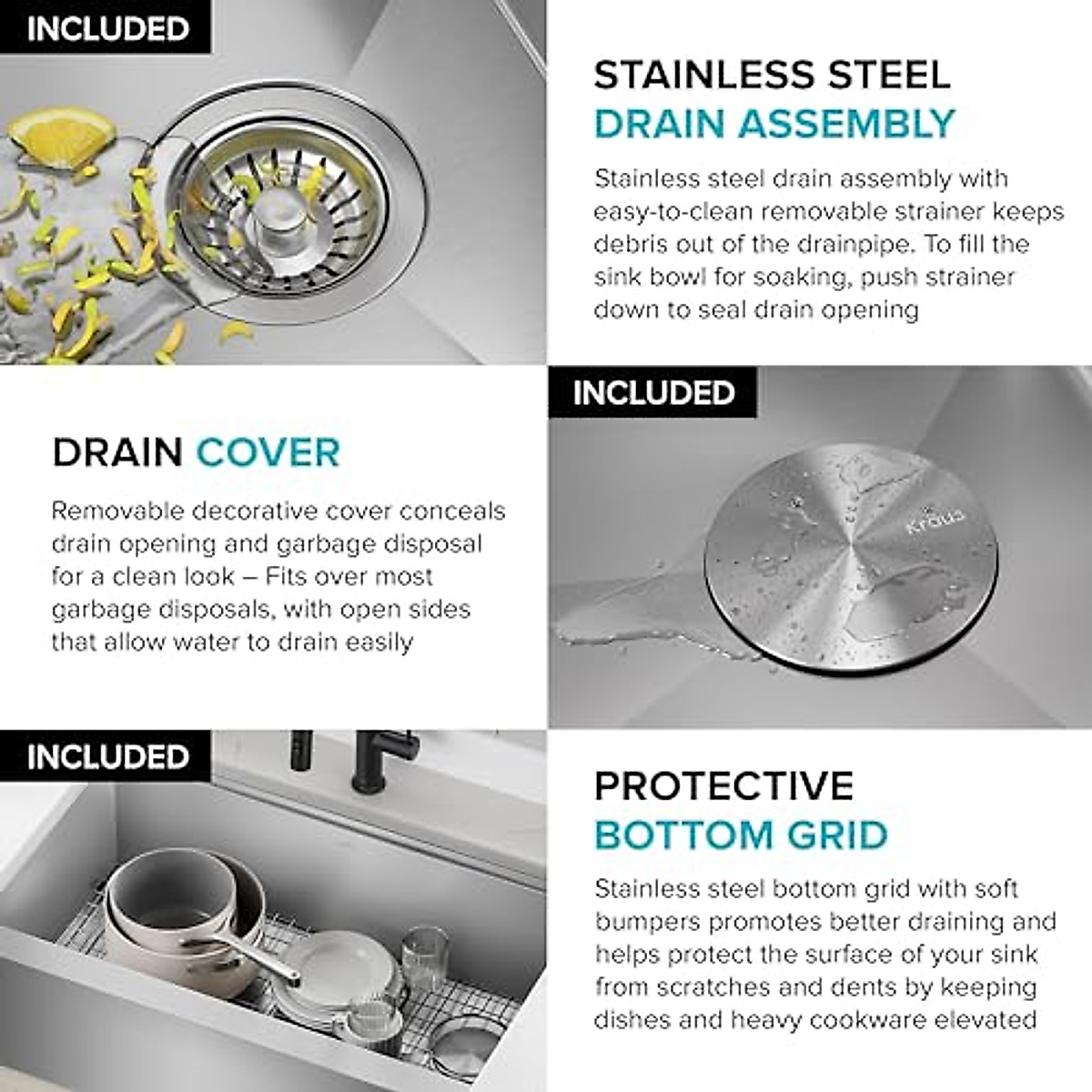 KRAUS Kore Workstation 36-inch Farmhouse Flat Apron Front 16 Gauge Single Bowl Stainless Steel Kitchen Sink with Integrated Ledge and Accessories (Pack of 5), KWF410-36