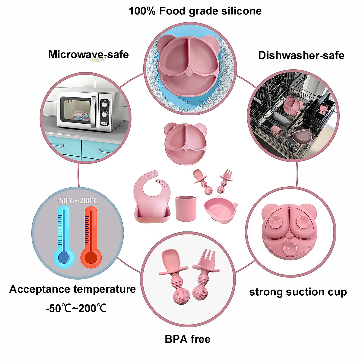 TINGGNIT 6pcs Silicone Baby Feeding Set, Silicone Bib, Toddler, Bowl, Straw Cup with Suction Baby Plate Fork&Spoon Baby Eating Supplies, Baby Plates With Suction,Baby Gifts,(Dark Pink）