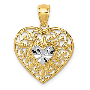 Solid 14k Yellow Gold Two Toned Diamond-Cut Filigree Heart Pendant Charm - 24mm x 17mm