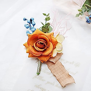 AJOYEGG Wrist Corsage and Boutonniere Set: Corsage Wristlet Band Bracelet Flower and Men Boutonniere Rose Flower Set for Wedding Prom Suit Decoration(Burnt Orange)