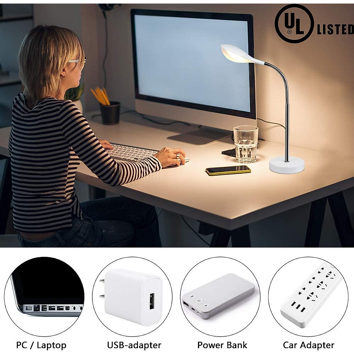 DLLT Dimmable LED Desk Lamp with 3 Light Modes, Eye-Caring Reading Light with Touch Control and 360°Flexible Neck, Bedside Nightstand Lamp for Study Office Bedroom, USB Cable Adapter, White