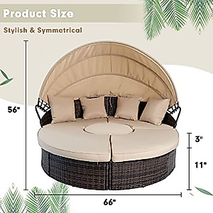 Incbruce Outdoor Daybed with Retractable Canopy, Wicker Outdoor Sectional Furniture Patio Round Daybed, All-Weather Camshell Lounger Seating Separates Cushioned Seats for Patio Backyard Pool (Brown)