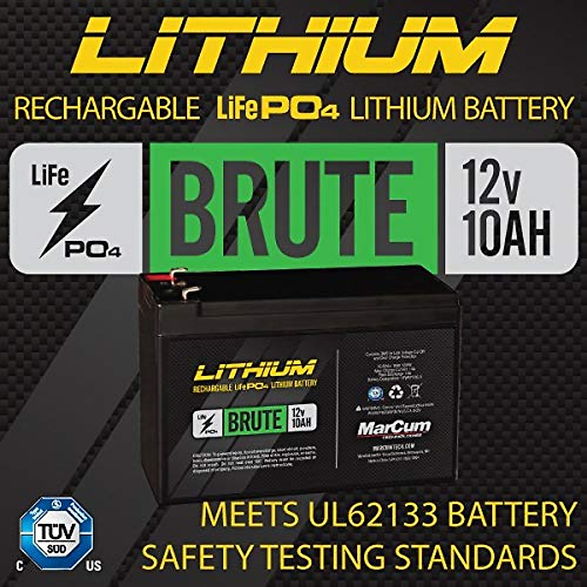 MarCum Lithium 12V 10AH LiFePO4 Brute Battery | Ice Fishing Gear | Ice Fishing Accessories | Tech Gadgets for Fishing | Fishing Gear and Equipment