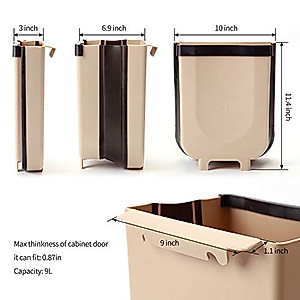 SheMarie Hanging Collapsible Trash Can - 9L Wall Mounted Foldable Waste Bin for Kitchen Cabinet Door - Quickly Clean Counter, Sink, Bathroom - RV, Car, Camping Folding Garbage Basket (Brown)