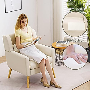 RichFire Mid-Century Modern Accent Chair, Tufted Wingback Reading Chair with Lumbar Pillow and Solid Wood Legs, Linen Fabric Living Room Chair for Living Room Bedroom Apartment, Beige