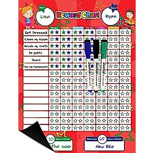 Magnetic Reward Behavior Star Chore Chart for One or Two Kids 17 x 13 Includes: 3 Color Dry Erase Markers Green, Blue, Black, Flexible Chart with Full Magnet Backing for Fridge Teaches Responsibility