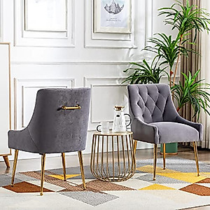 KINWELL Upholstered Dining Chairs Set of 2, Modern Accent Side Chair with Tufted Back and Pull Handle, Velvet Armchair Desk Chair with Gold Metal Legs for Living Room, Home Office,Vanity (Gray)