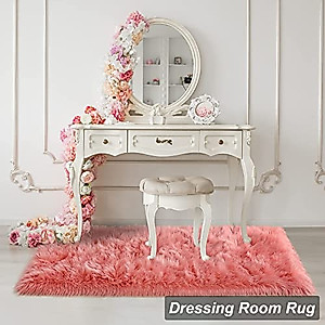 Rtizon 2 PCS Faux Fur Washable Rug, 2 x 5.9 Feet and 2 x 4 Feet Coral Fluffy Sheepskin Rug for Girls Bedroom Livingroom Floor Cushion Home Decor Bedside Carpet, Furry Chair Cover Seat Pad Mat