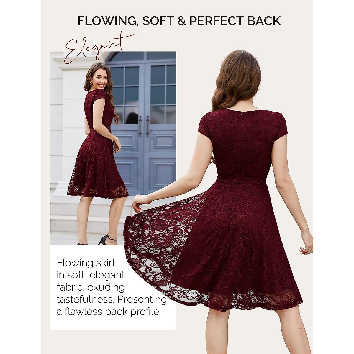 MUADRESS Women Cap-Sleeve Lace Floral Elegant Cocktail Dress Crew Neck Knee Length Bridesmaid Prom Dresses for Party Burgundy XL