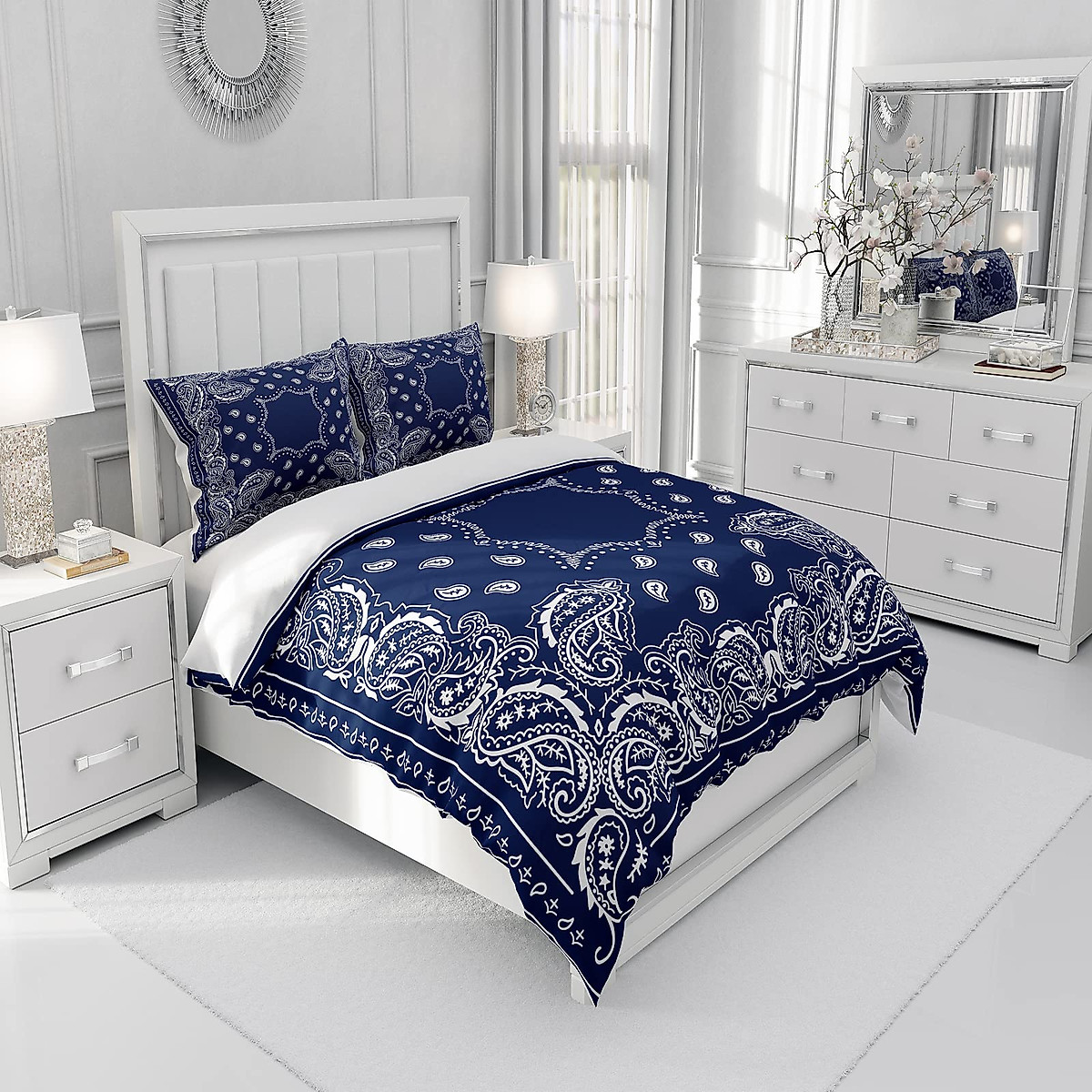 MAIJIEDUO Boho Bandana in Blue Bedding Sets 3 Piece Duvet Cover Breathable Quilt Cover with 2 Pillowslips for Guest Room School Dormitory Bedding Sets Lining (Queen 90'' X 90'')