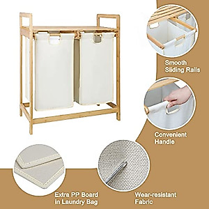 Bellzacasa Bamboo Laundry Hamper Shelf 2 Section Hamper Laundry Basket Bamboo Laundry Organizer with 2 Removable Beige Liner Bag For Bathroom Living Room Bedroom