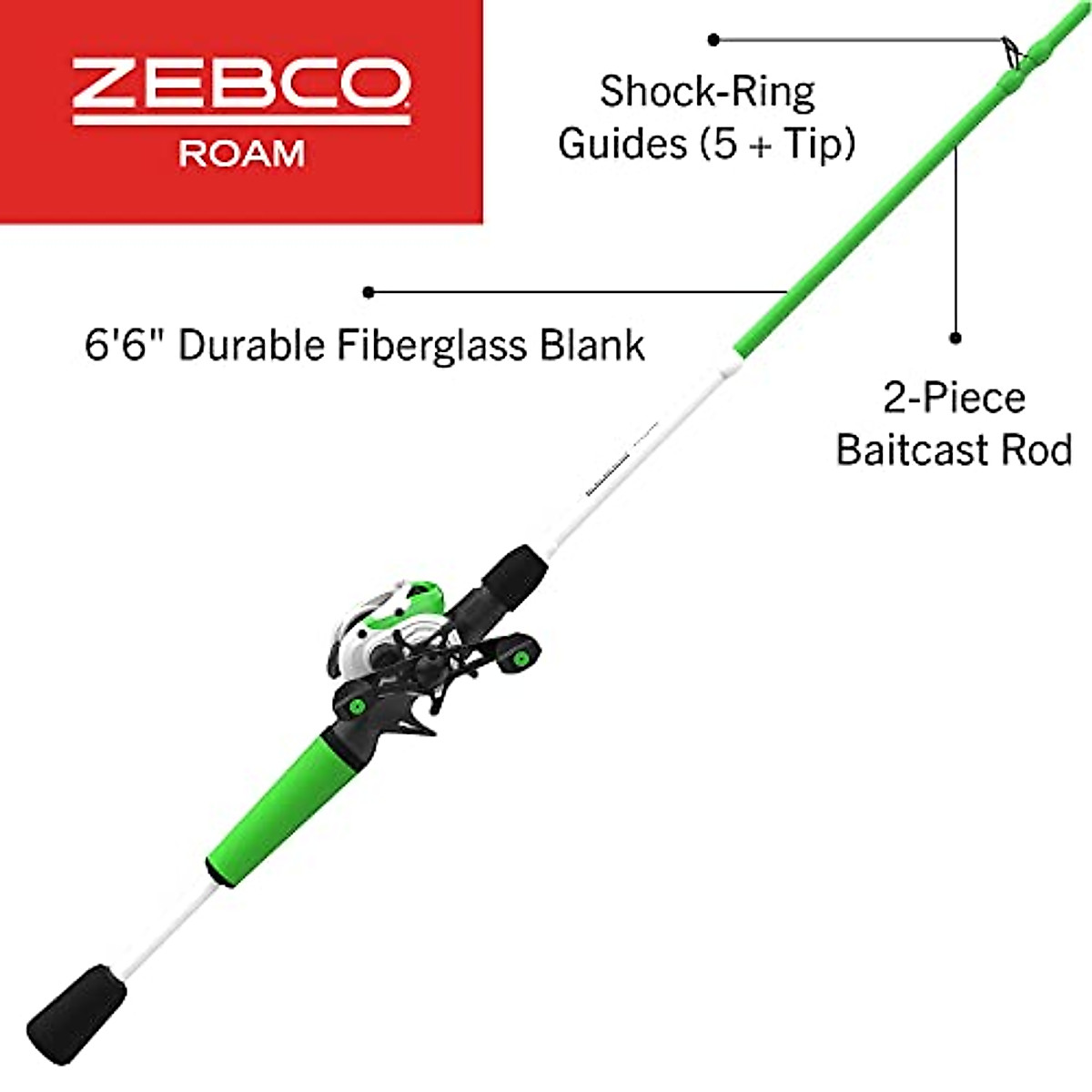 Zebco Roam Baitcast Reel and Fishing Rod Combo, 6-Foot 6-Inch 2-Piece Fiberglass Fishing Pole with Split-Grip MaxTac Rod Handle, Lightweight Graphite Frame, Right-Hand Retrieve, Green