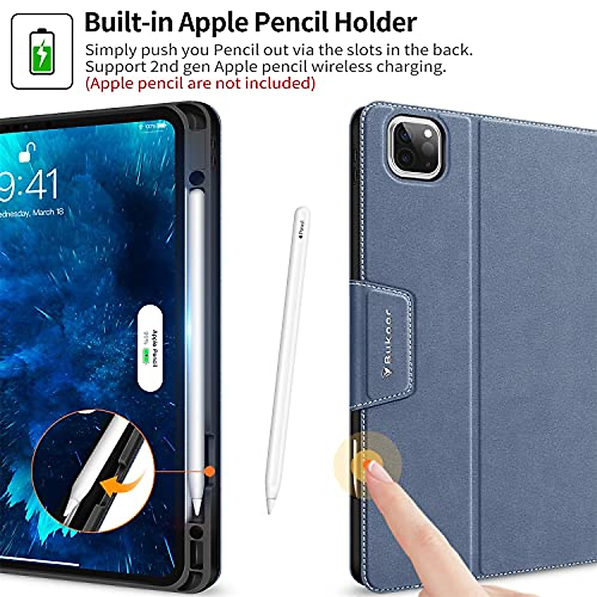 BuKoor iPad Pro 12.9 inch 2022/2021/2020/2018 Case Generation with Apple Pencil Holder PU Leather Folio Smart Stand Magnetic Clasp Shockproof Cover for iPad Pro 12.9 6th/5th/4th/3rd(Dull Blue)