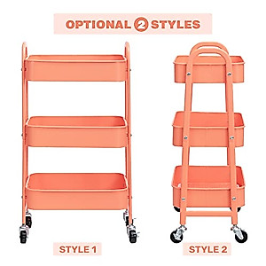 AGTEK Makeup Cart, Movable Rolling Organizer Cart, 3 Tier Metal Utility Cart with Lockable Wheels for Home & Office, Pink Orange