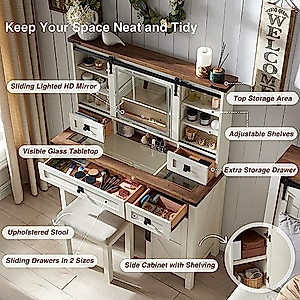 T4TREAM Farmhouse Makeup Vanity Desk with Sliding Mirror and Lights, 42'' Glass Tabletop Vanity Table with 2 Drawers & Shelves, Rustic Big Vanity Set for Bedroom, Stool Included, Antique White